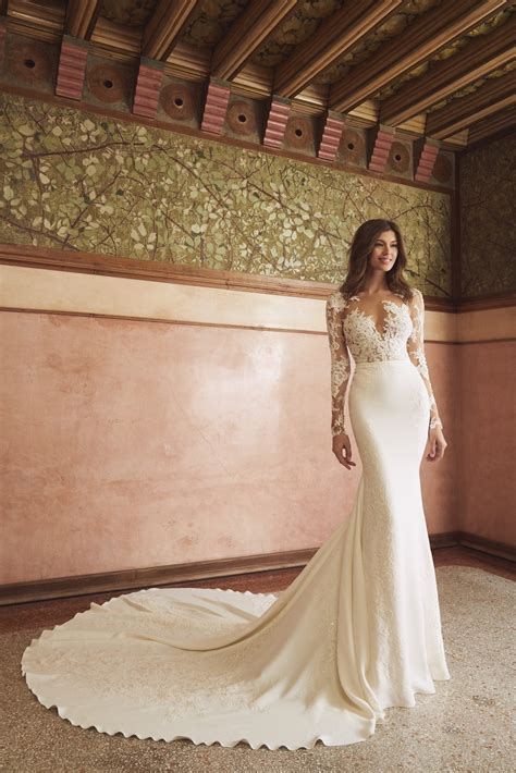 Long Sleeve Illusion Neckline Lace Bodice Sheath Wedding Dress With