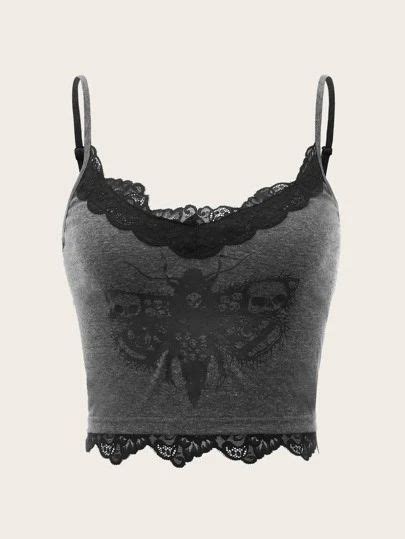 Romwe Stpl Butterfly Skull Print Lace Trim Cami Top Clubwear Outfits