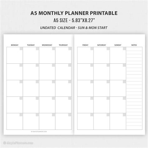 A5 Calendar Printable