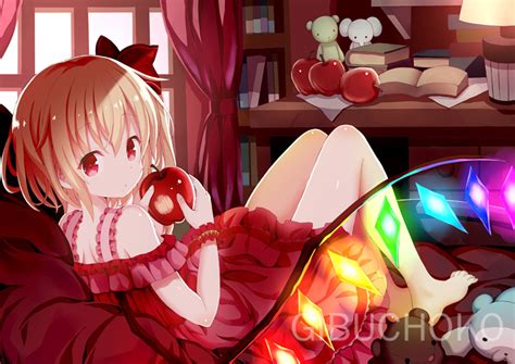 Safebooru 1girl Alternate Costume Apple Bangs Bare Shoulders Barefoot