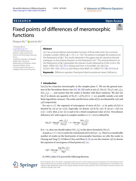 pdf fixed points of differences of meromorphic functions