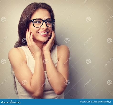 Happy Laughing Young Casual Woman Holding Hands The Face Vintage