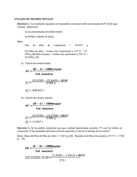 Ejercicios De Sólidos Totales Analisis De Solidos Totales Ejercicio 1