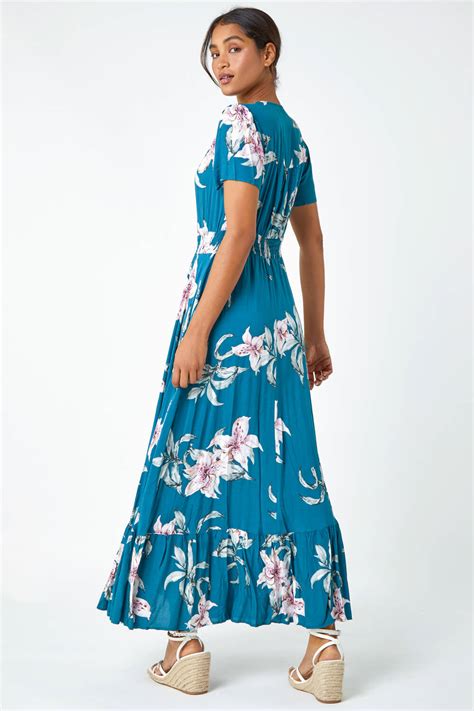 Teal Floral Print Shirred Waist Maxi Dress Roman Uk