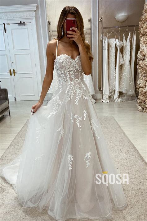 Sweetheart Spaghetti Straps Tulle A Line Lace Applique With Train Wedd