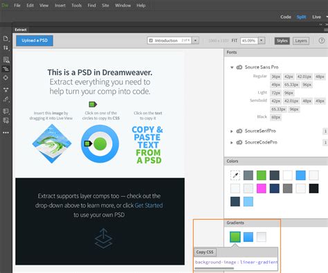 how to extract assets from psd files into dreamweaver web pages