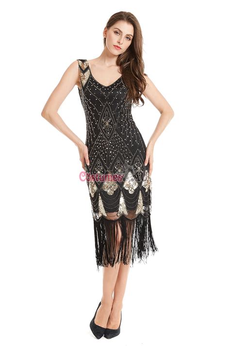 Ladies 20s Gatsby Costume 1920s Roaring Black Flapper Sequin 20s Fancy