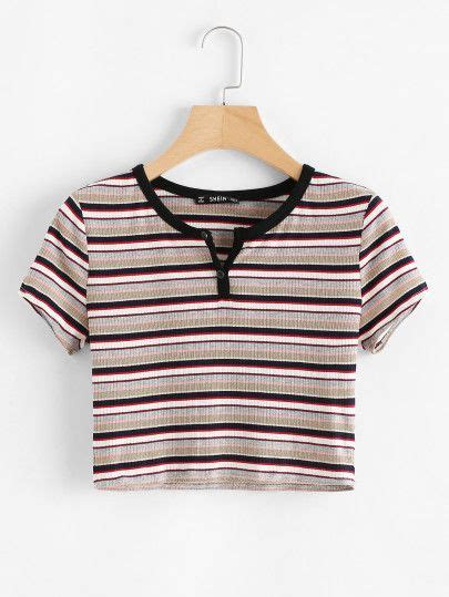 Contrast Neck Rib Knit Crop Striped Tee Shein Sheinside Girls Fashion