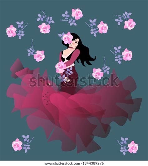 Flamenco Dancer Girl Dressed Cherrycolored Dress Stock Vector Royalty