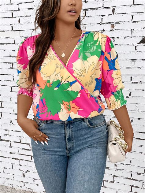 Shein Lune Talla Grande Blusa Con Estampado Floral De Cuello Cruzado De