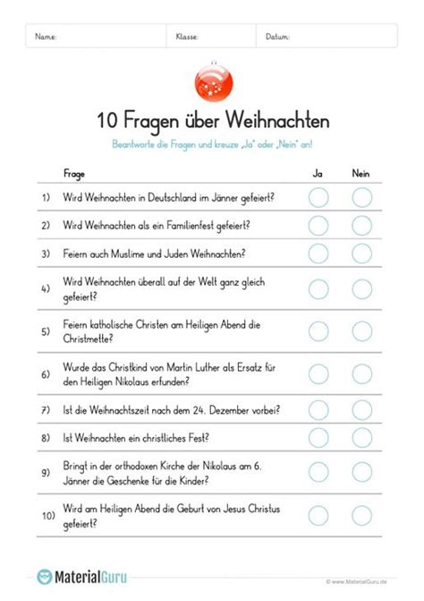 Arbeitsblatt 10 Fragen über Weihnachten Weihnachtsrätsel Zum