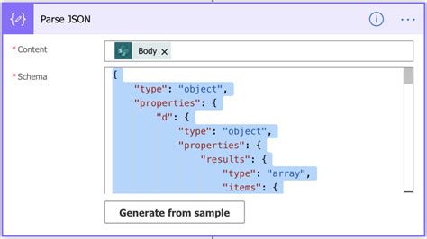 where to get schema for the parse json action in power automate