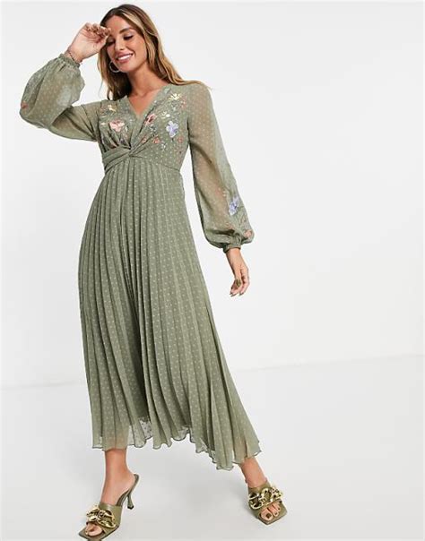 Asos Design Textured Twist Front Pleated Midi Dress With All Over