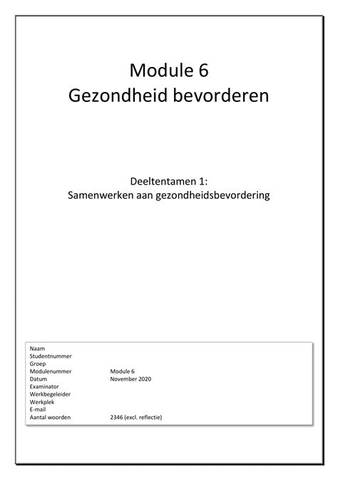 Samenwerken Aan Gezondheidsbevordering Deeltentamen 1 Module 6 Hanze