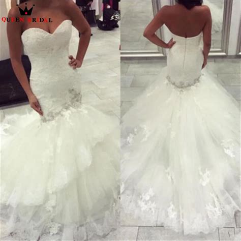 Custom Made Sexy Mermaid Fluffy Wedding Dresses Sweetheart Lace Crystal