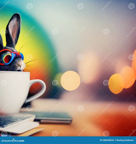 Rabbit In Glasses Office Worker At Workplace Coffee Break Generative
