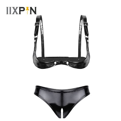 Womens Wet Look Patent Leather Lingerie Sets Sexy Open Cup Bra Top With
