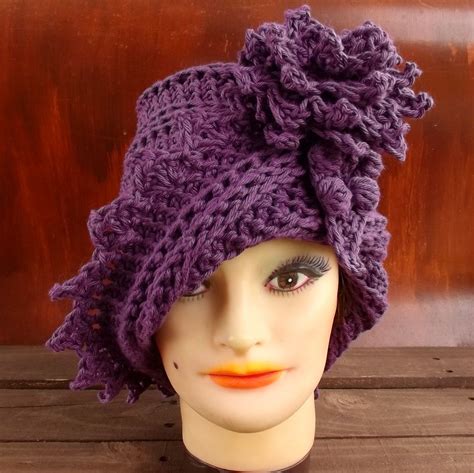 Purple Crochet Hat Womens Hat Crochet Flower Crochet Cotton Hat