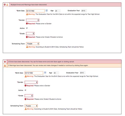 how to display multiple complex validation errors and warnings user