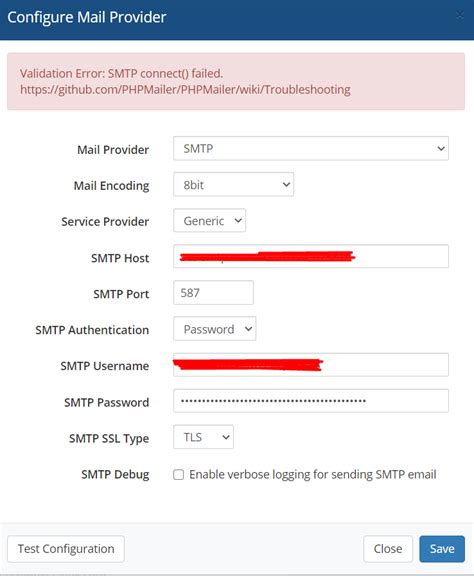 validation error smtp connect failed using whmcs whmcsmunity