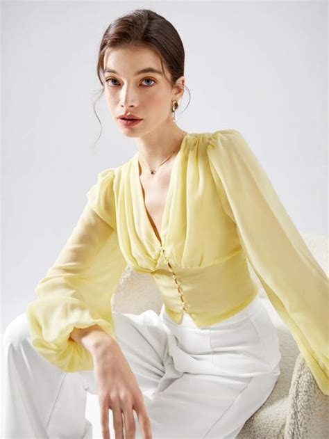 Shein Bizwear Ruched Bust Lantern Sleeve Blouse Workwear Shein Usa