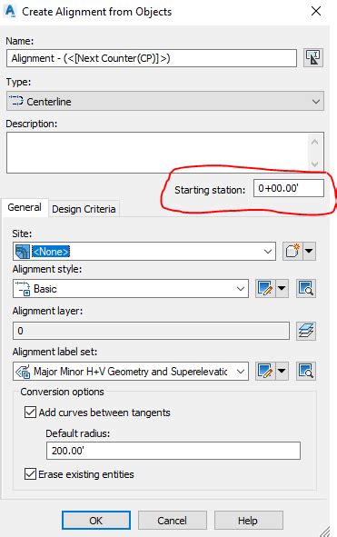 solved alignment start station default autodesk community