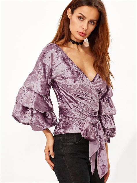 Purple Billow Sleeve Velvet Wrap Top Shein Sheinside