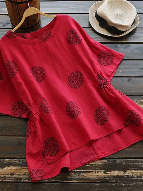 Women Polka Dots Short Sleeve O Neck Vintage Shirt Roselinlin