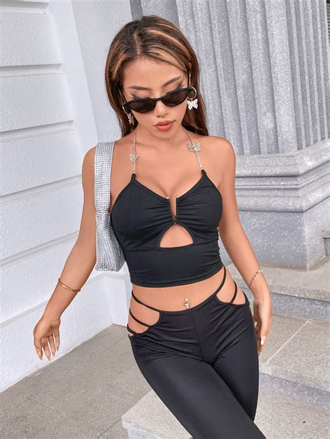 Top Halter Corto Con Cadena Con Tira Con Abertura Moda De Mujer