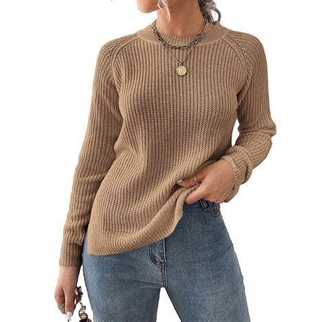 Casual Plain Round Neck Pullovers Long Sleeve Camel Women Sweaters