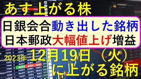 あす上がる株 2023年12月19日（火）に上がる銘柄 ～最新の日本株での株式投資のお話です。日銀の金融政策決定会合で動き出した銘柄、日本郵政