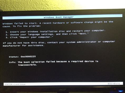 windows boot manager fails status 0x0000225 microsoft community