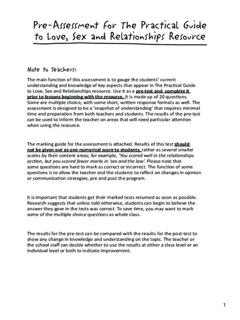 Fillable Online Pre Assessment For The Practical Guide To Love Sex And