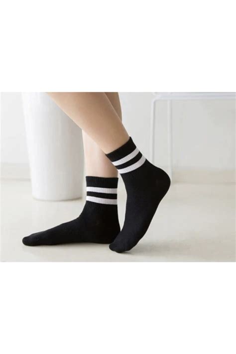 AlgÖrshopİng 4 Çift Unisex Siyah Üstü Beyaz Çizgili Kolej Tenis Çorap