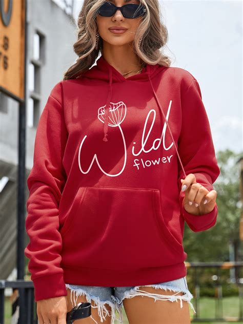 Red Casual Collar Long Sleeve Polyester Floral Letter Pullovers