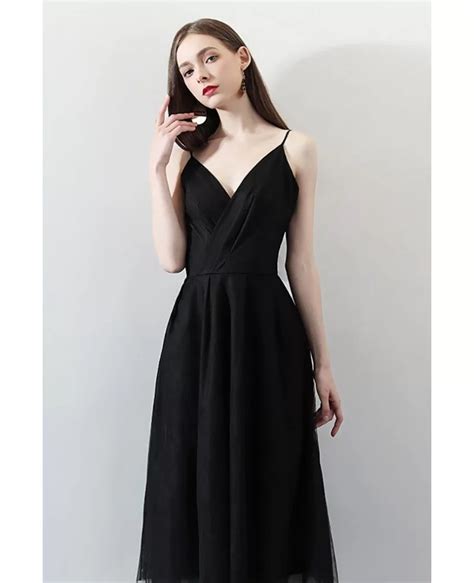 Black V Neck Tea Length Party Dress With Spaghetti Straps Htx86019