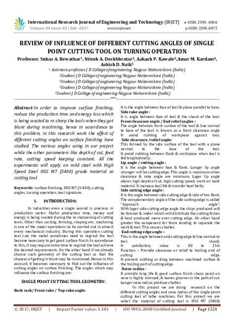 Pdf Irjet Review Of Influence Of Different Cutting Angles Of Single