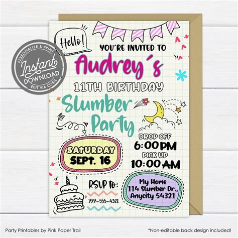 Editable Sleepover Birthday Invitation Girl Pajama Party Etsy