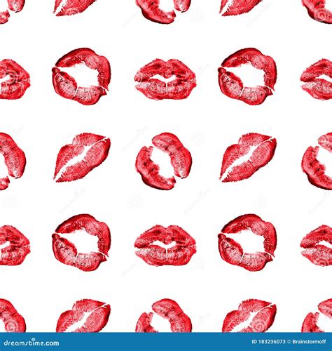 Seamless Pattern Of Red Lipstick Kiss Print On White Background