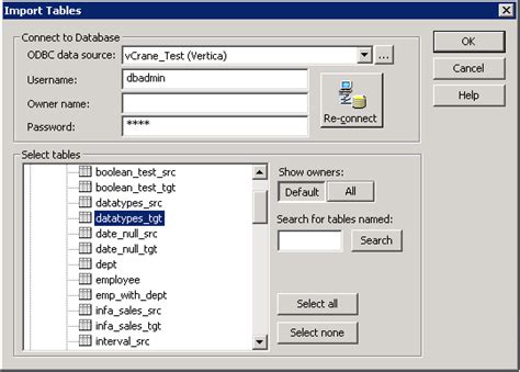 importing a target database table