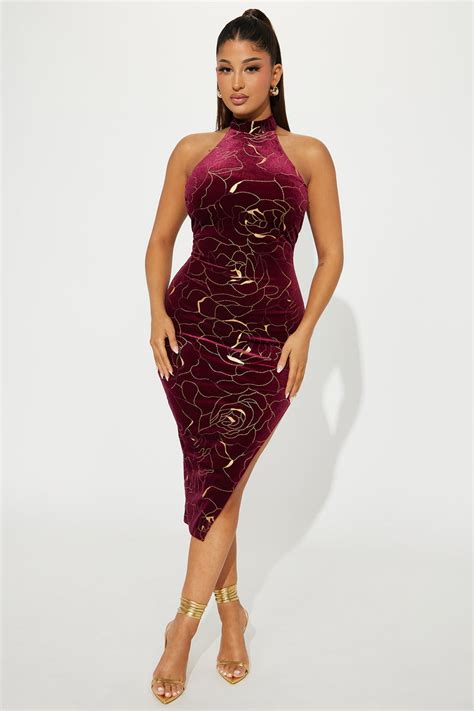 Bella Rose Velvet Midi Dress Burgundy Fashion Nova Dresses