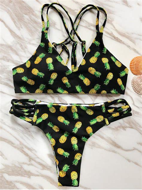 2018 Pineapple Strappy Bikini Set In Black S Zaful