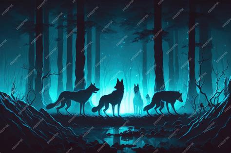 Premium Photo Night Scene Of Glowing Wolves In The Dark Forest