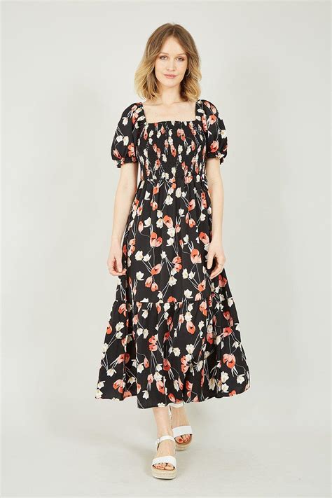 Dresses Black Floral Midi Dress Yumi