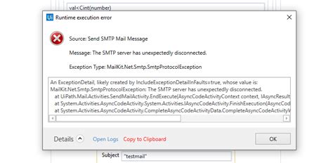 smtp runtime execution error random and other categories uipath