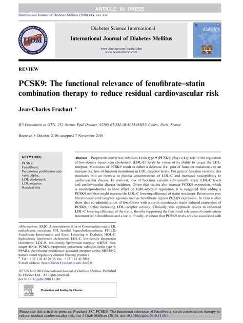 Pdf Pcsk9 The Functional Relevance Of Fenofibrate Statin Combination