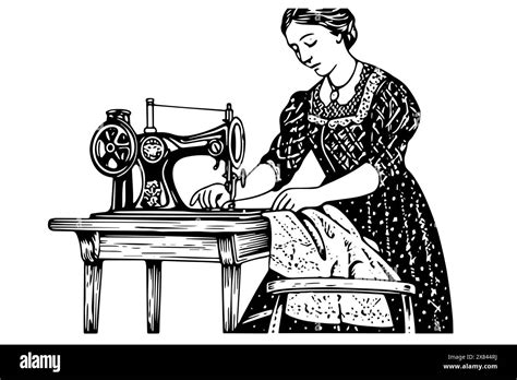 A Seamstress Woman Works At A Retro Sewing Machine In Egraving Style