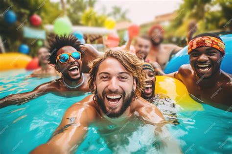 Premium Ai Image Happy Friends On An Inflatable Circle In Pool Water
