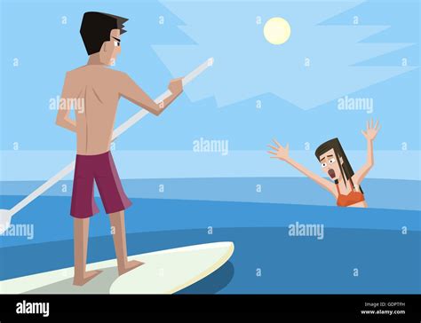 Lifeguard Rescues Drowning Woman Colorful Vector Cartoon Illustration