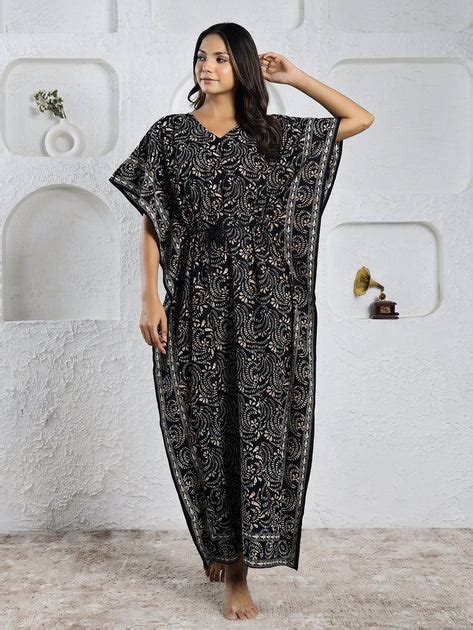 Black Cotton Ethnic Print Kaftan Maxi Dress Sanskruti Homes